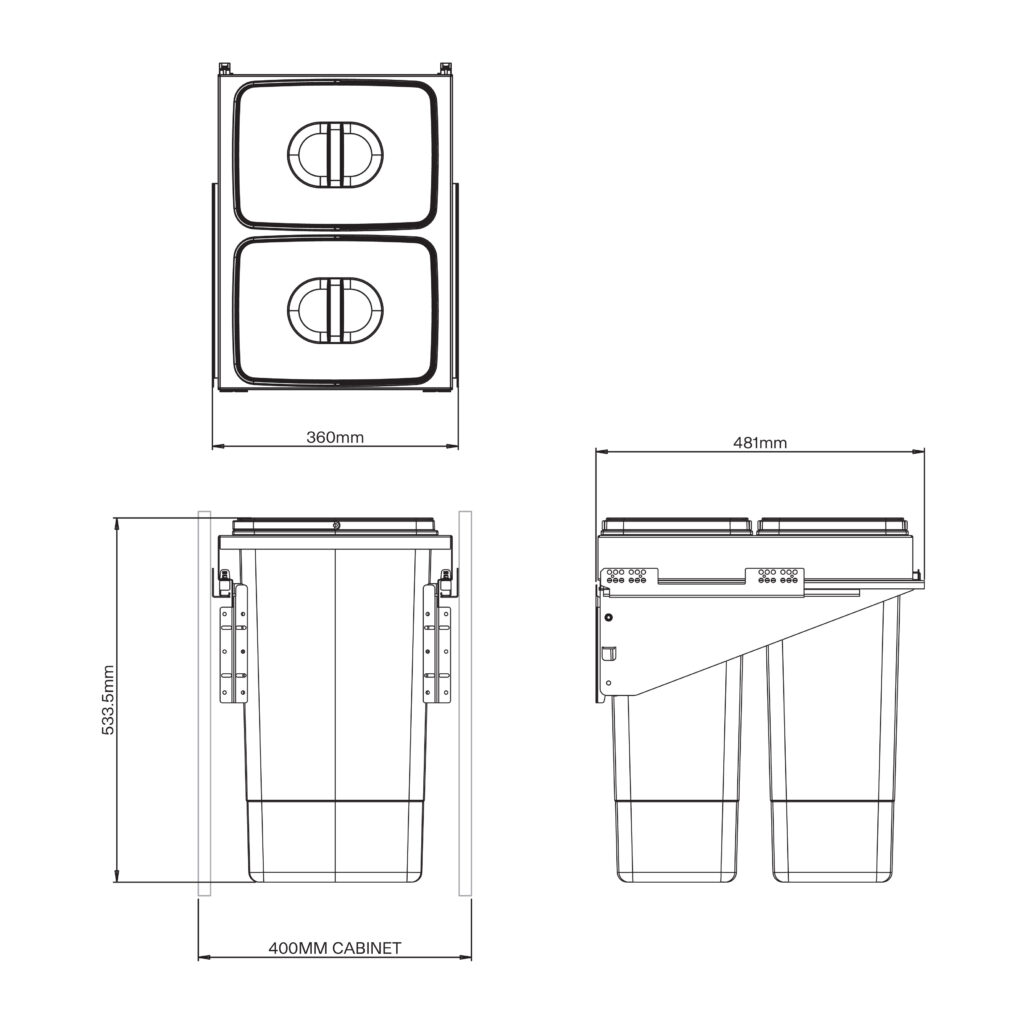 Unisort Stream 400mm Pull Out Kitchen Cabinet Bin With 1 or 2 Bin ...